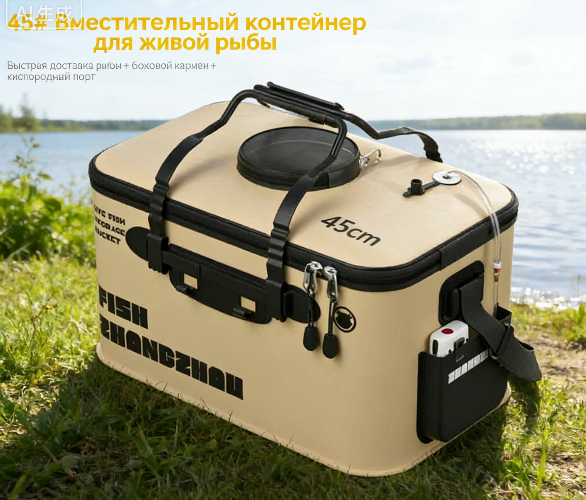 Контейнер для живой рыбы 45#, 27 л, с кислородным портом и боковым карманом, для рыбалки