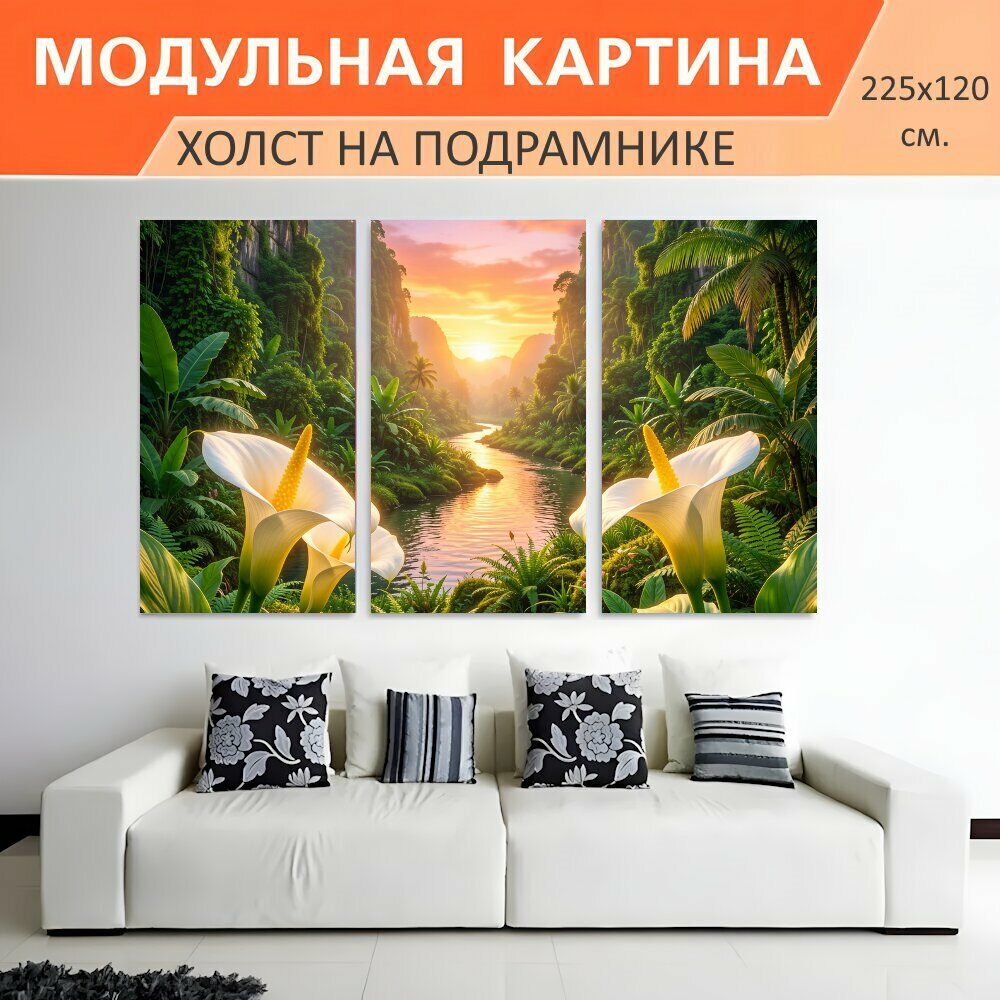 Модульная картина на холсте "Тропическая долина на закате. Экзотическая джунглевая панорама с рекой в ущелье, пышной тропической." триптих на подрамнике 225х120 см. для интерьера