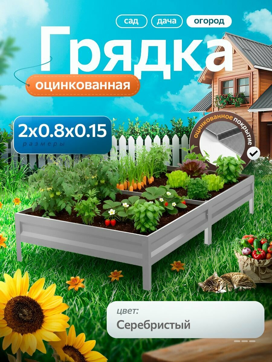 Грядка оцинкованная 2 м на 0.8 м высота 15 см для сада, огорода и дачи, цвет: серебристый