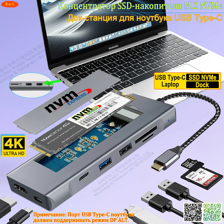 Концентратор SSD-накопителя M.2 NVMe, док-станция USB-C с 4K HDMI, 100 Вт PD, кард-ридером SD/TF для ноутбука MacBook