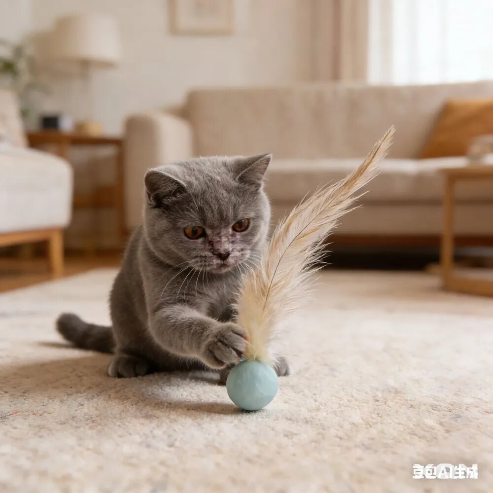 Игрушка для кошек с перьями и резиновым мячом, синий