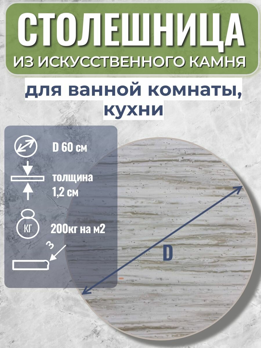Столешница из искусственного камня D-600 мм, высота12 мм, круглая, серая под мрамор, глянцевая, БПГ