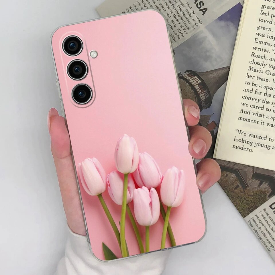 Розовый чехол Samsung Galaxy S25 FE с тюльпанами