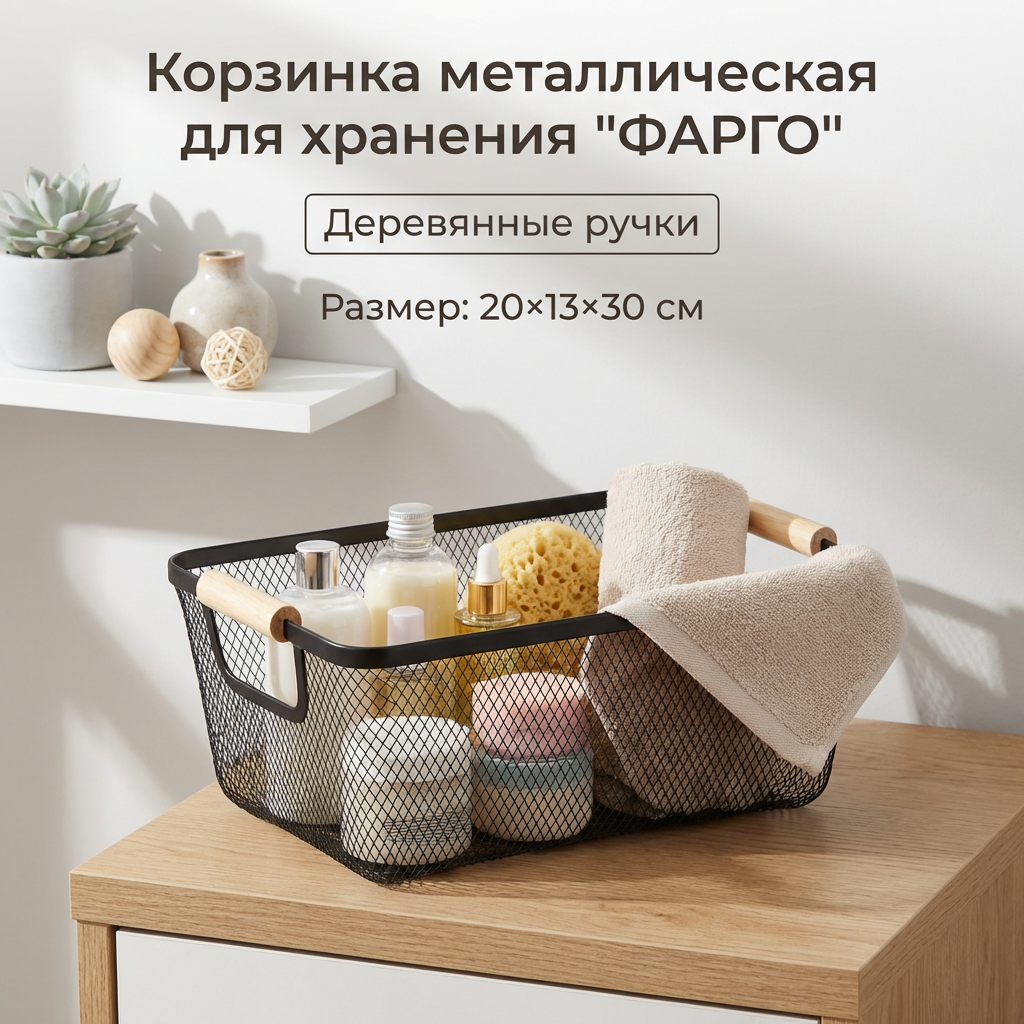 Корзина для хранения металлическая «фарго», черная, 20х13х30см, с ручками