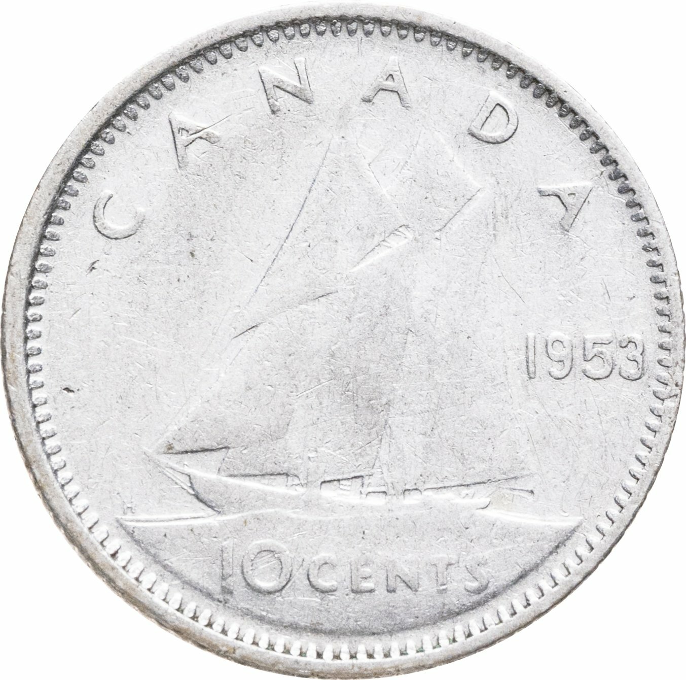 Канада 10 центов cents 1953, Серебро 800, в сохранности VF