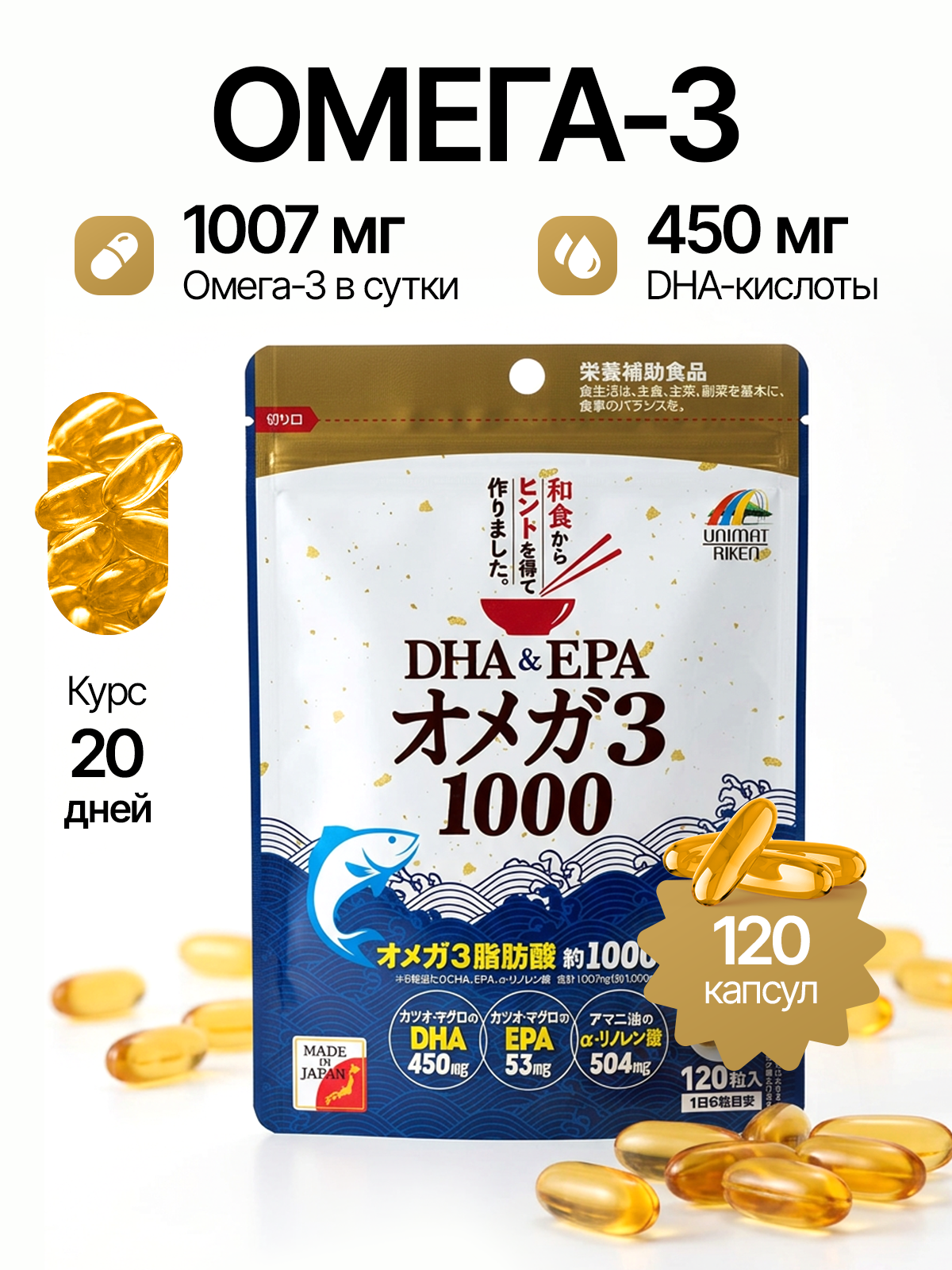 Unimat Riken Омега-3 рыбий жир 1000 мг 120 капсул на 20 дней