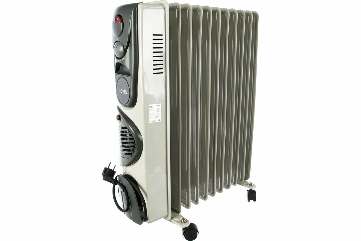 Масляный радиатор Oasis BВ-25Т, напольный, 11 секций, механический, белый