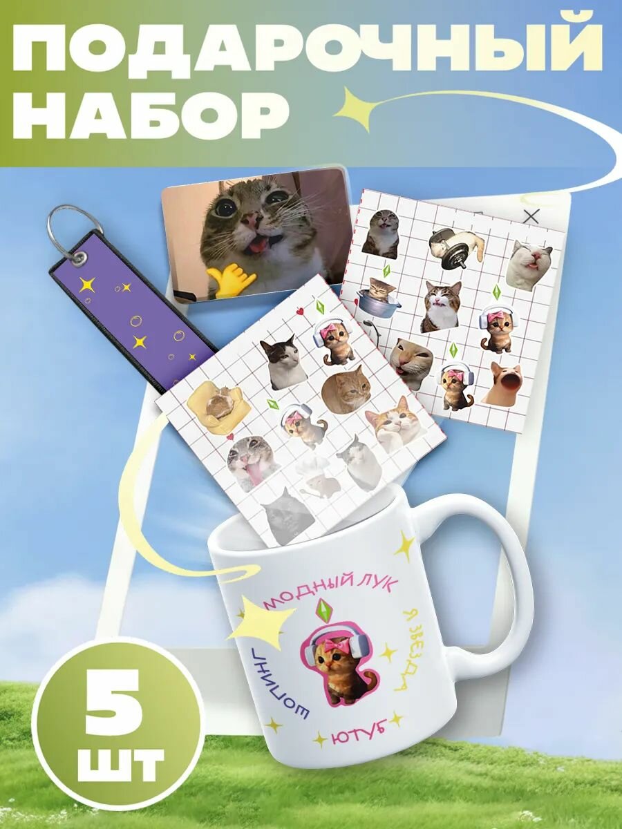 Подарочный набор с кружкой кот из симс в наушниках мем