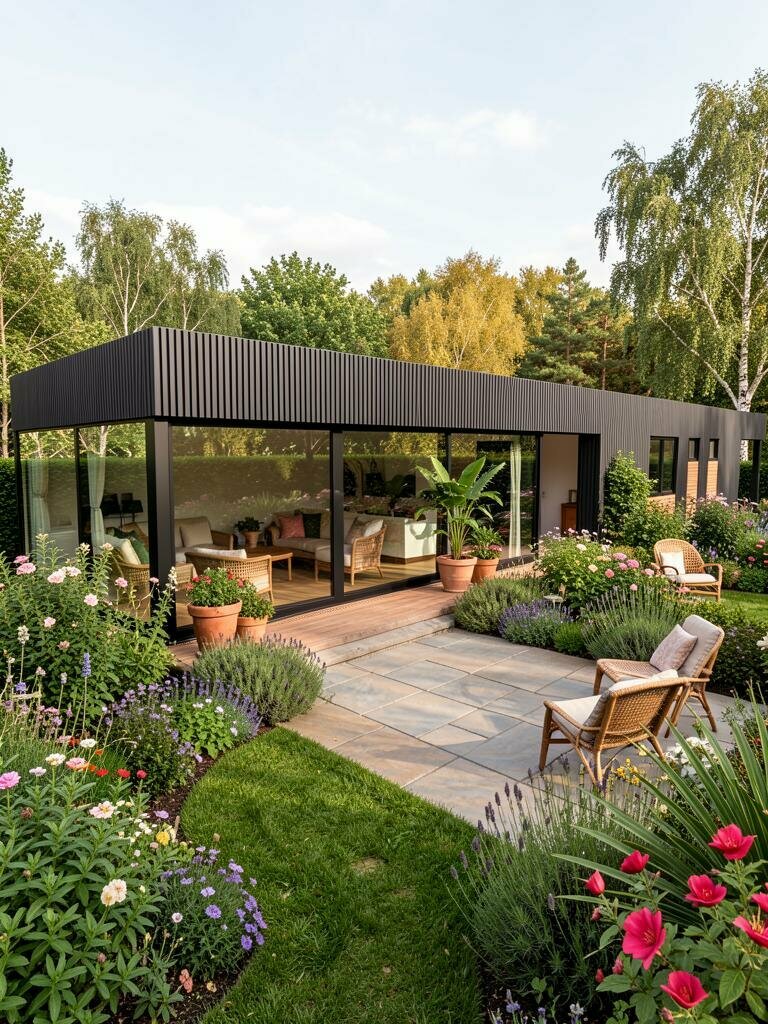 Проект бани с чаном, одноэтажная, каркасная, 23x5 м, с панорамным остеклением, тёплый пол