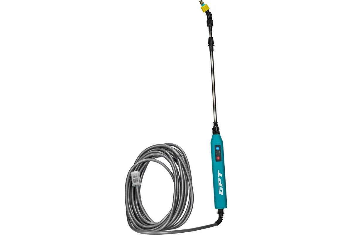 Аккумуляторный опрыскиватель GPT Storm Gun 3 9 л с телескопической штангой 1200 мм, 8‑метровым шлангом и USB‑Type C зарядкой.