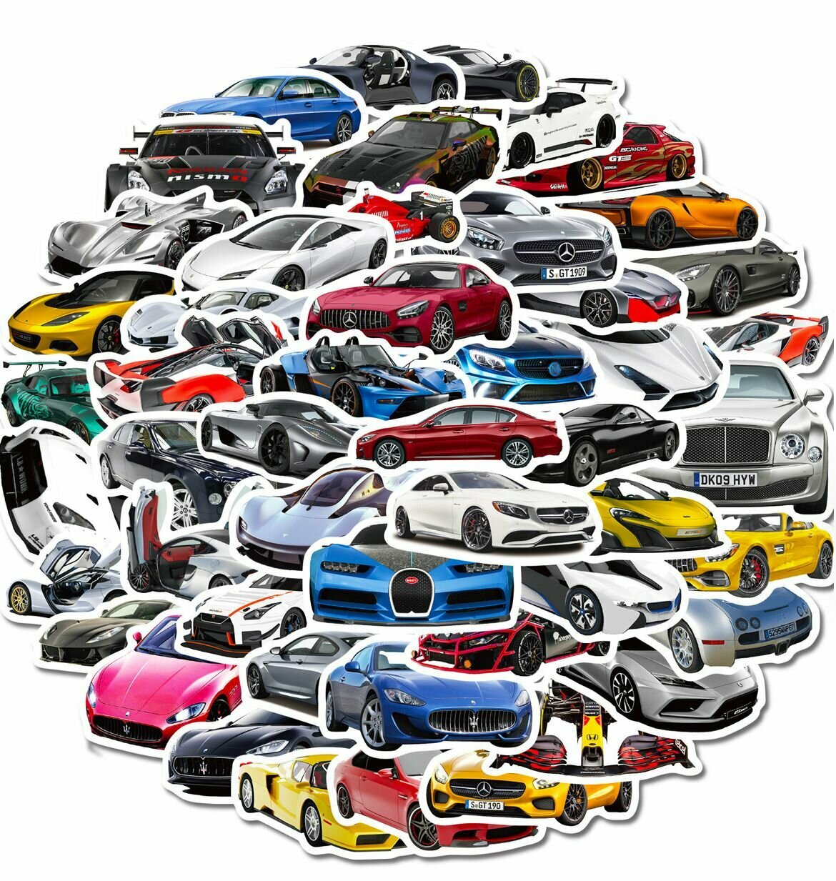 Наклейки гоночные автомобили 50шт