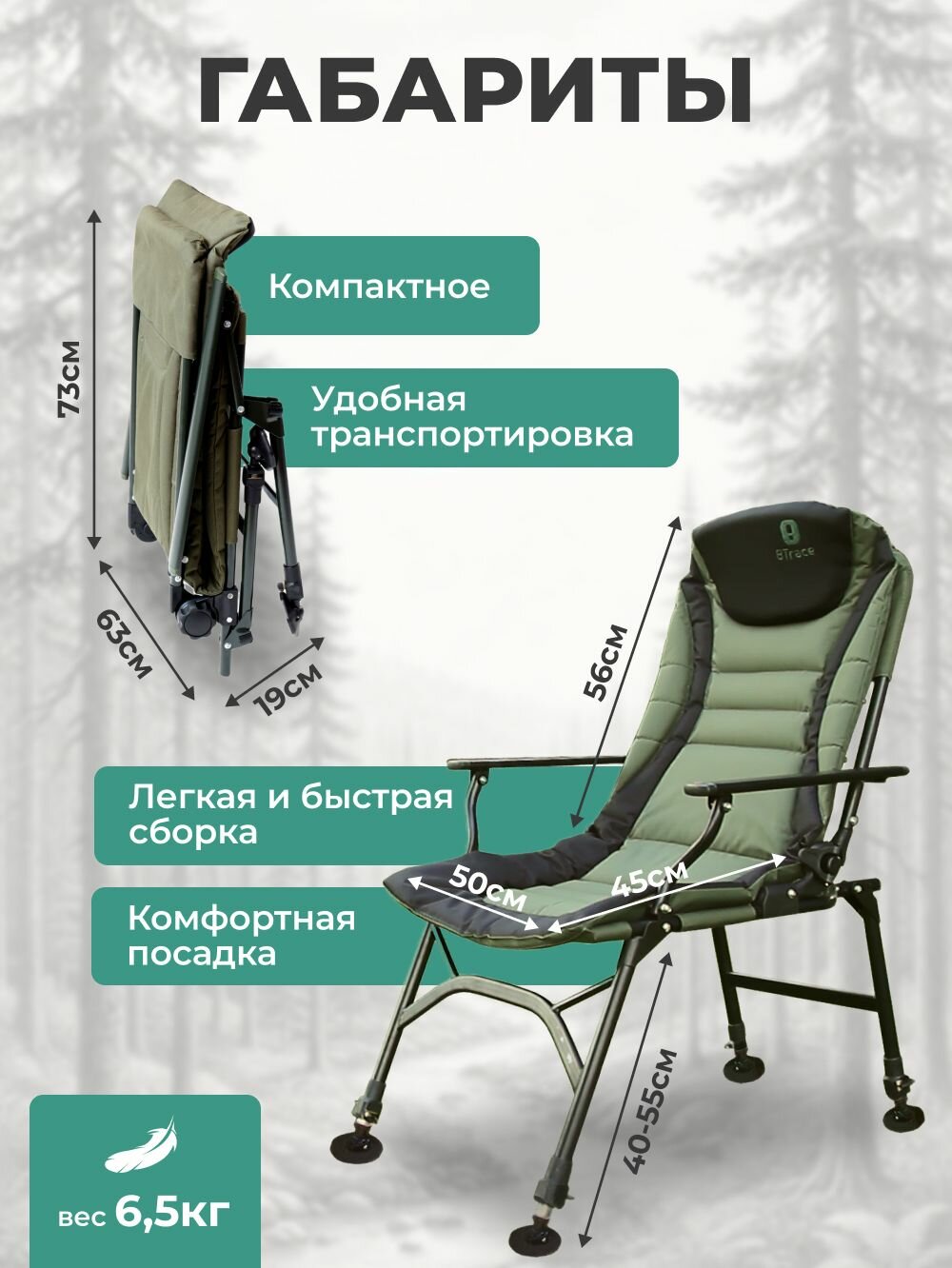 Кресло кемпинговое BTrace Shark, зеленый, стул туристический, для рыбалки, регулируемая спинка — фото 1
