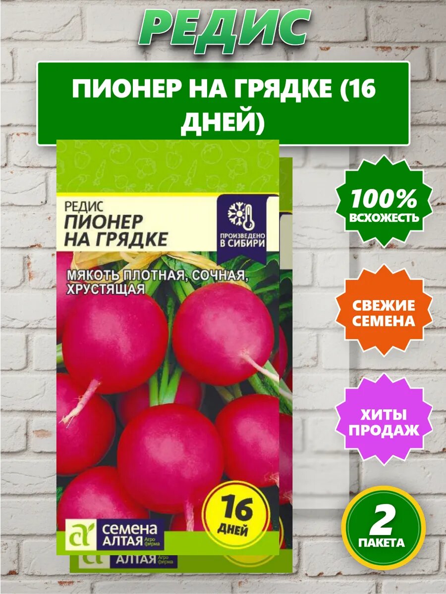 Семена редиса Пионер на Грядке (16 дней) (2 пакета) для открытого грунта, Семена Алтая