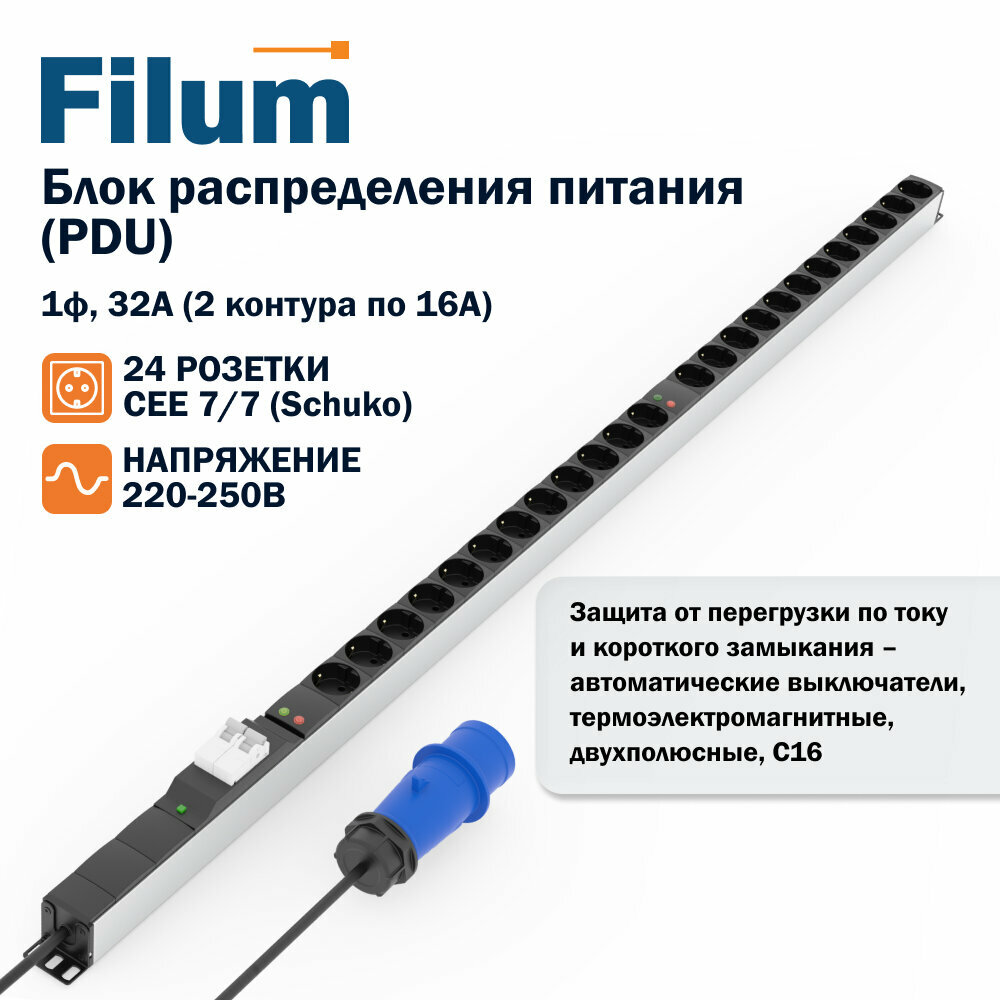 Блок розеток Filum FL-S-32-24S-I-MCB-1408-3-2PE, 3 м, 2 аввыкл, 24 Schuko