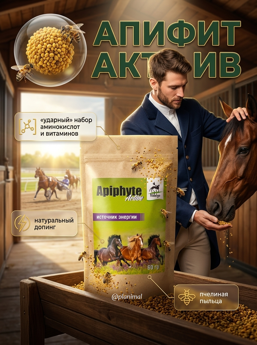 Идальго: Apiphyte Active / Апифит Актив, энергетический бустер для лошадей, 60 гр.