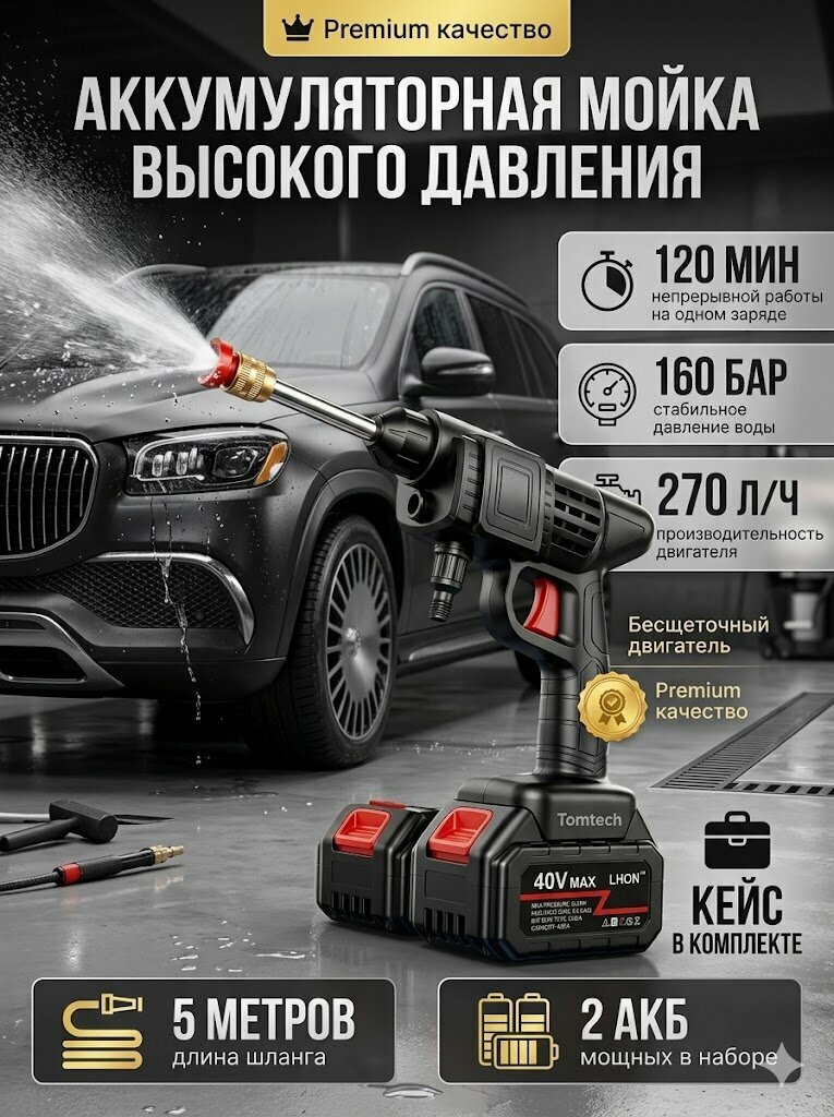 Мойка высокого давления, 1000Вт, 30 бар, 2аккумулятора, аксиальная