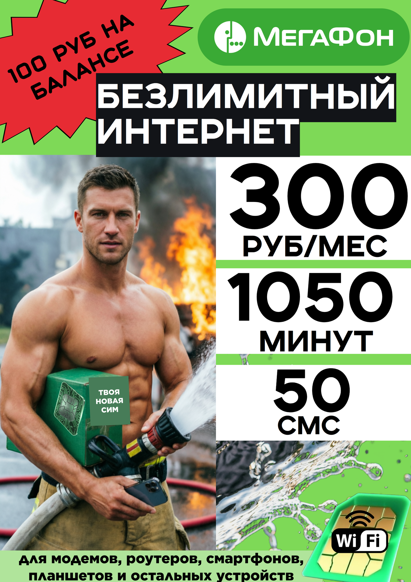 Сим-карта МегаФон, безлимитный интернет, 300 руб/месяц, 1050 минут, 50 SMS, 100 руб. на балансе