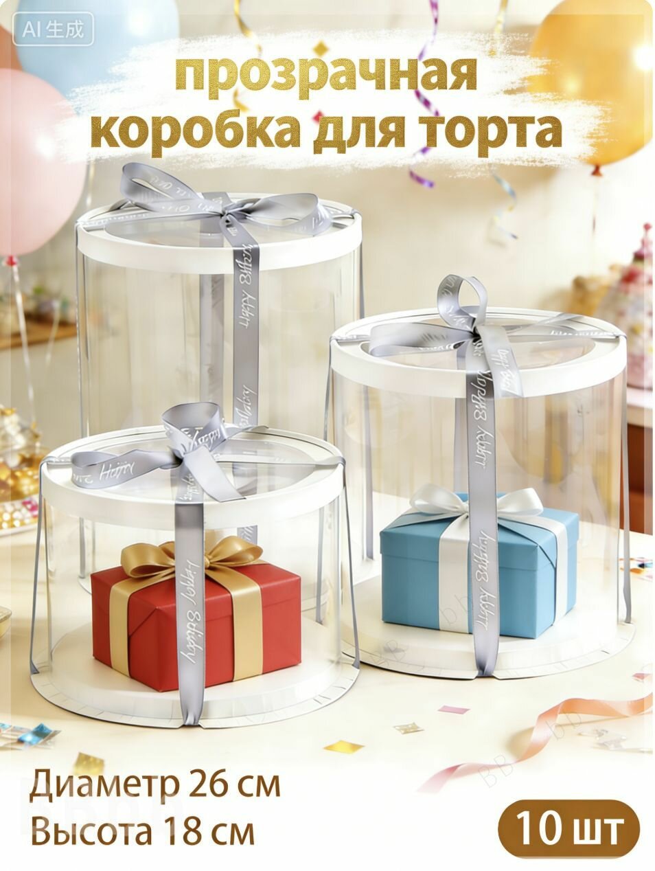 Прозрачная круглая коробка для торта, диаметр 26 см, высота 18 см, для подарков