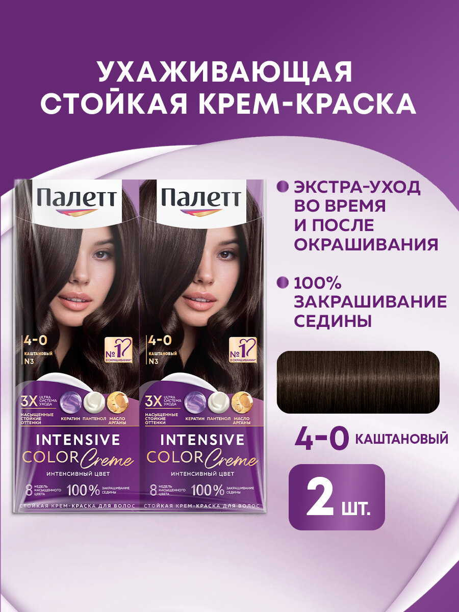 Палетт Набор Стойкая крем-краска для волос Интенсивный цвет 4-0 N3 Каштановый, 110 мл, 2 шт