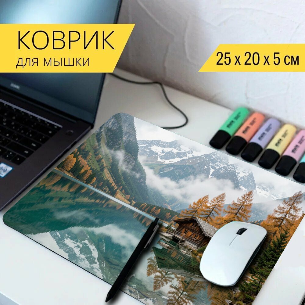 Коврик для мыши с принтом "Альпийский домик у озера. Уютная деревянная хижина на берегу бирюзовой воды, заснеженные вершины в облаках, осенний лес, зеркальное отражение." 25x20см.