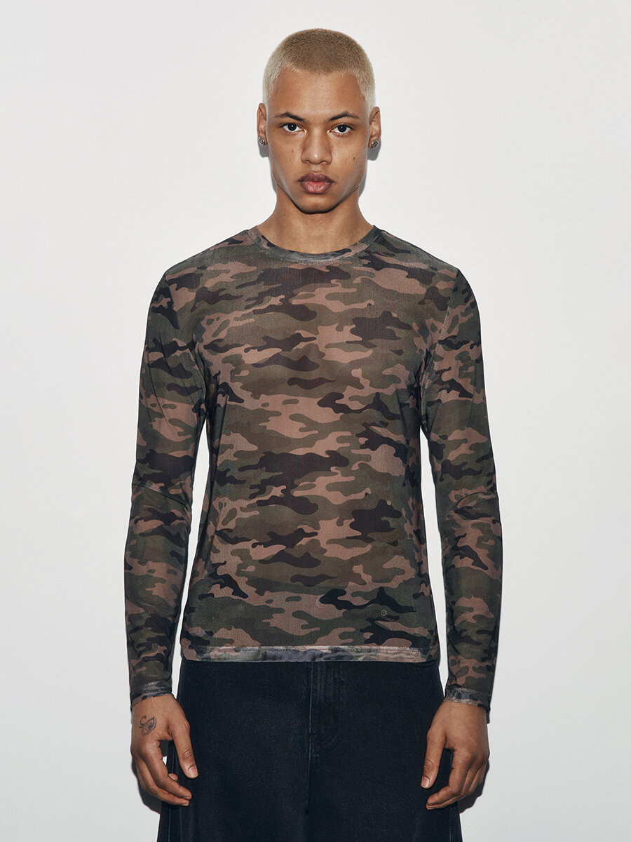 Лонгслив облегающий сетчатый с принтом хаки