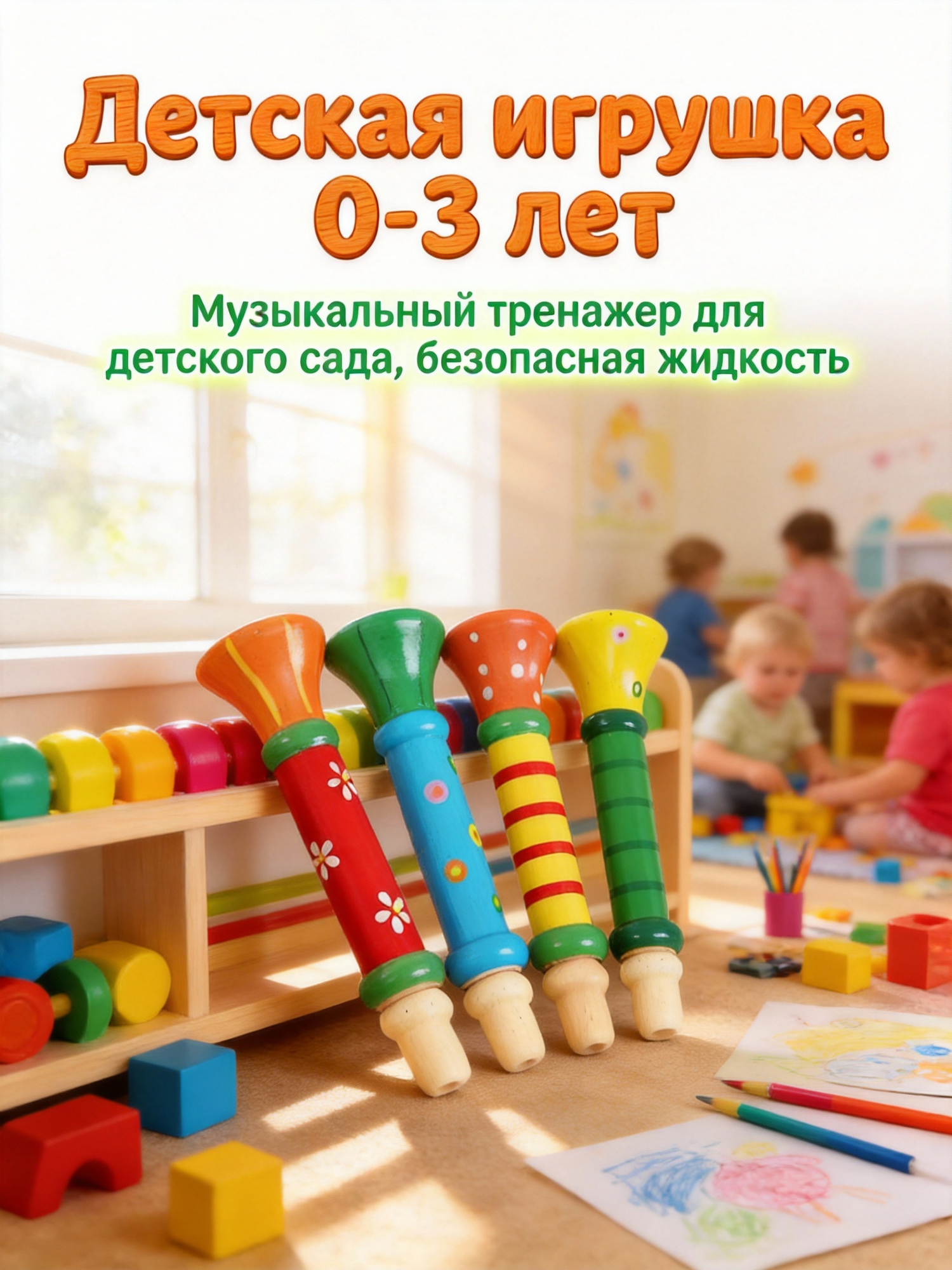 Детская свистулька 0-3 лет, деревянный музыкальный тренажёр для детского сада и безопасна для жевания 13.5×3.5 см