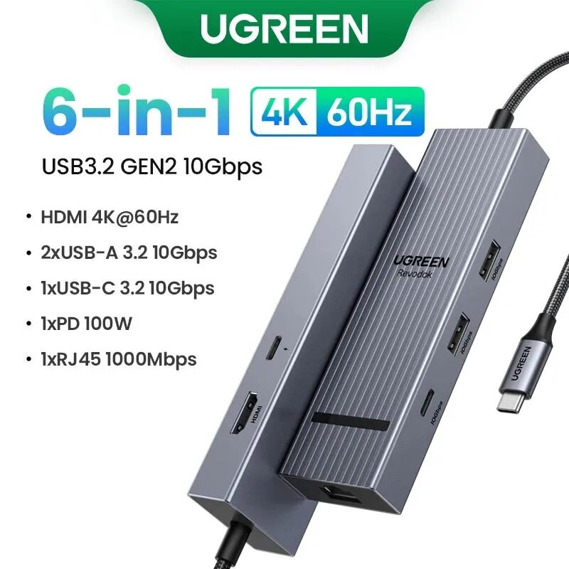 Концентратор UGREEN 45364 Type-C 6-в-1 HDMI 4K60Hz RJ45 PD100W Type-c USB3.2