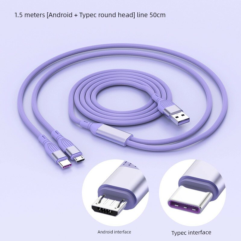 2-в-1 Разветвитель с Разъемом Android USB-C и Type-C, Длина 50 см + 2 м, Совместимость с Быстрой Зарядкой