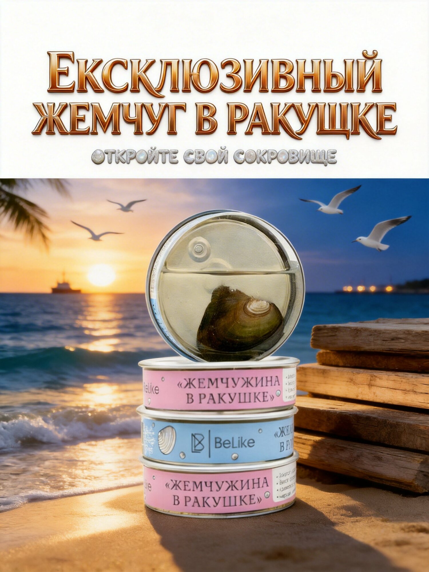 Камень бижутерный, раковина с культивированным пресноводным жемчугом в герметичной баночке — подарок с ритуалом загадывания желания