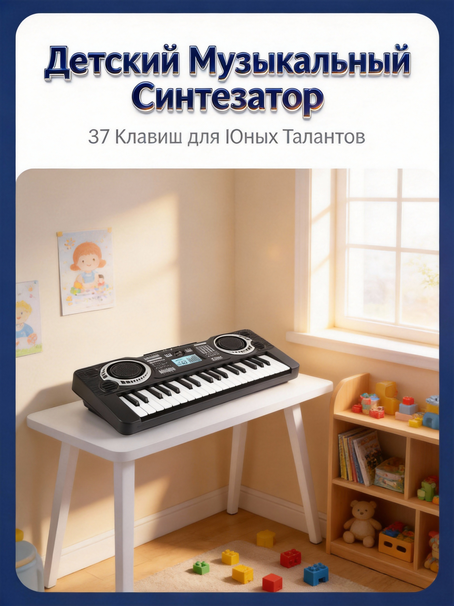 Синтезатор детский 37 клавиш, музыкальная игрушка-пианино для мальчиков и девочек от батареек, обучающий электронный инструмент для детей от 3 лет