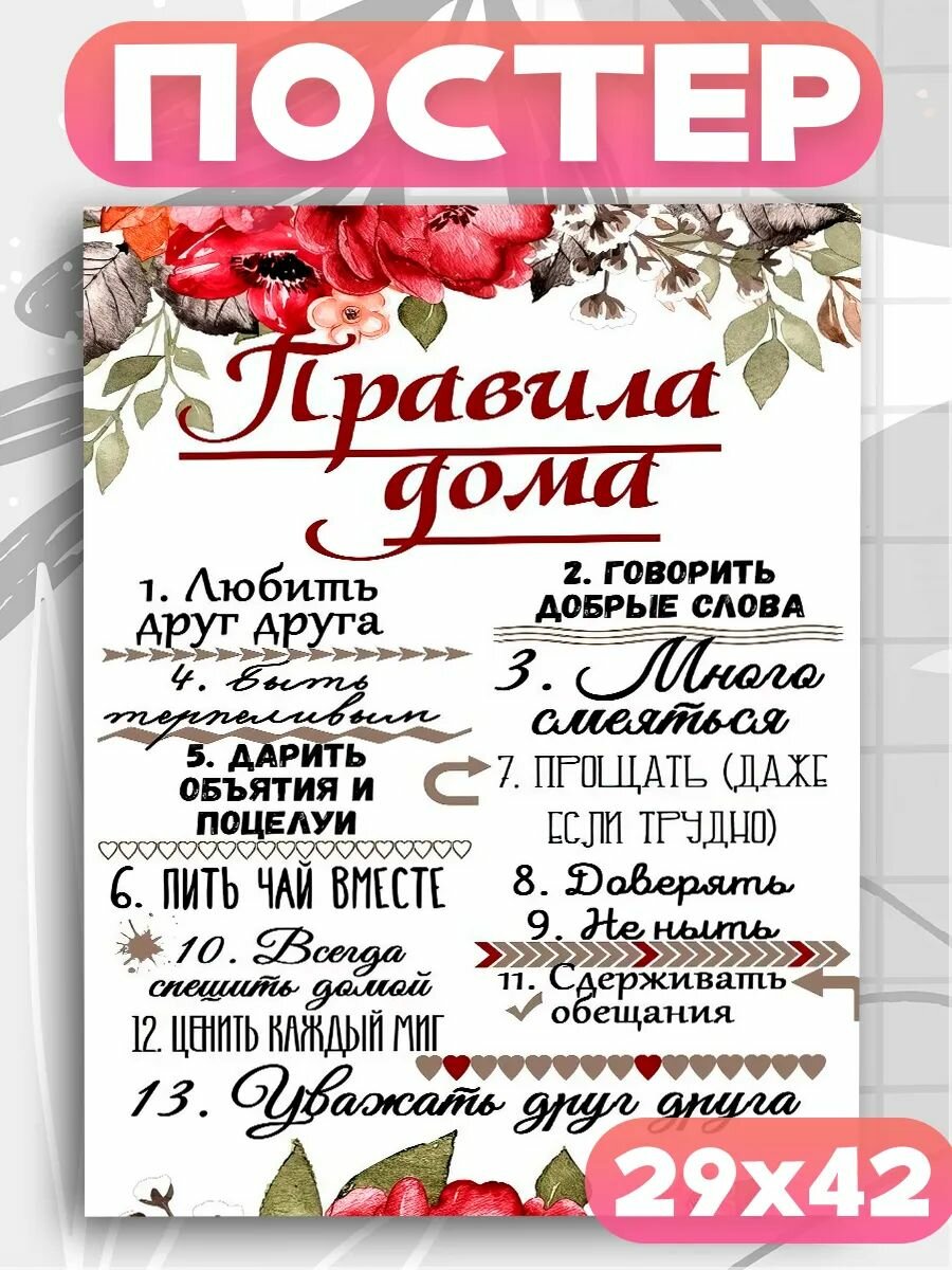 Постер на стену Правила дома, , плакат 1шт, А3 размер.