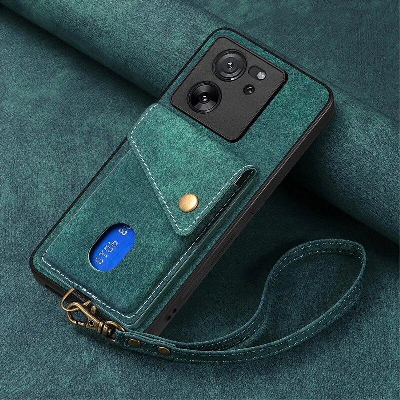 Кожаный чехол-кошелек темно-зеленый для Xiaomi 11T с ремешком