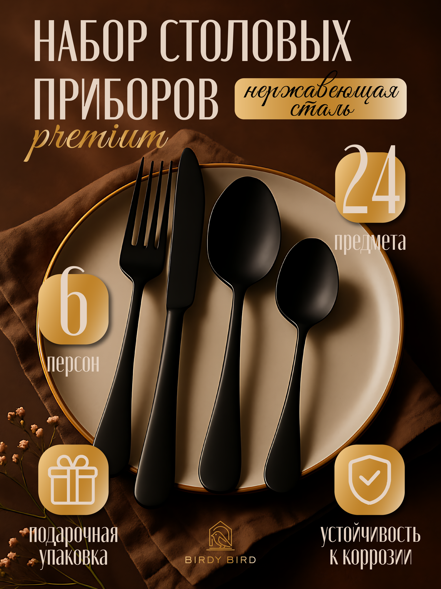 Набор столовых приборов на 6 персон 24 предмета черный из нержавеющей стали