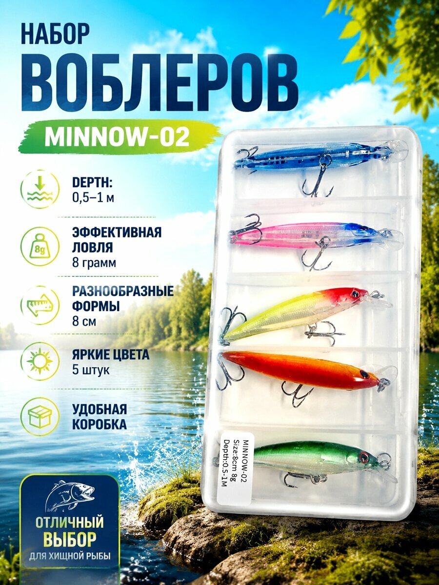 Набор воблеров MINNOW-02, поверхностные, плавающие, пластик, сталь, 5 шт