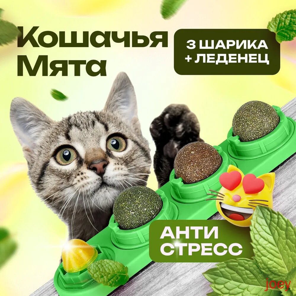 Игрушки для кошек, кошачья мята, леденец для кошек, шарик на стену. Цвет корпуса зелёный. Набор.