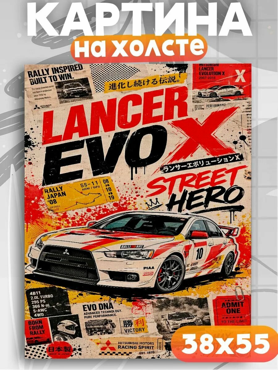 Картина на стену JDM авто Mitsubishi Lancer Evolution, на подрамнике, 1шт, 55х38 размер.