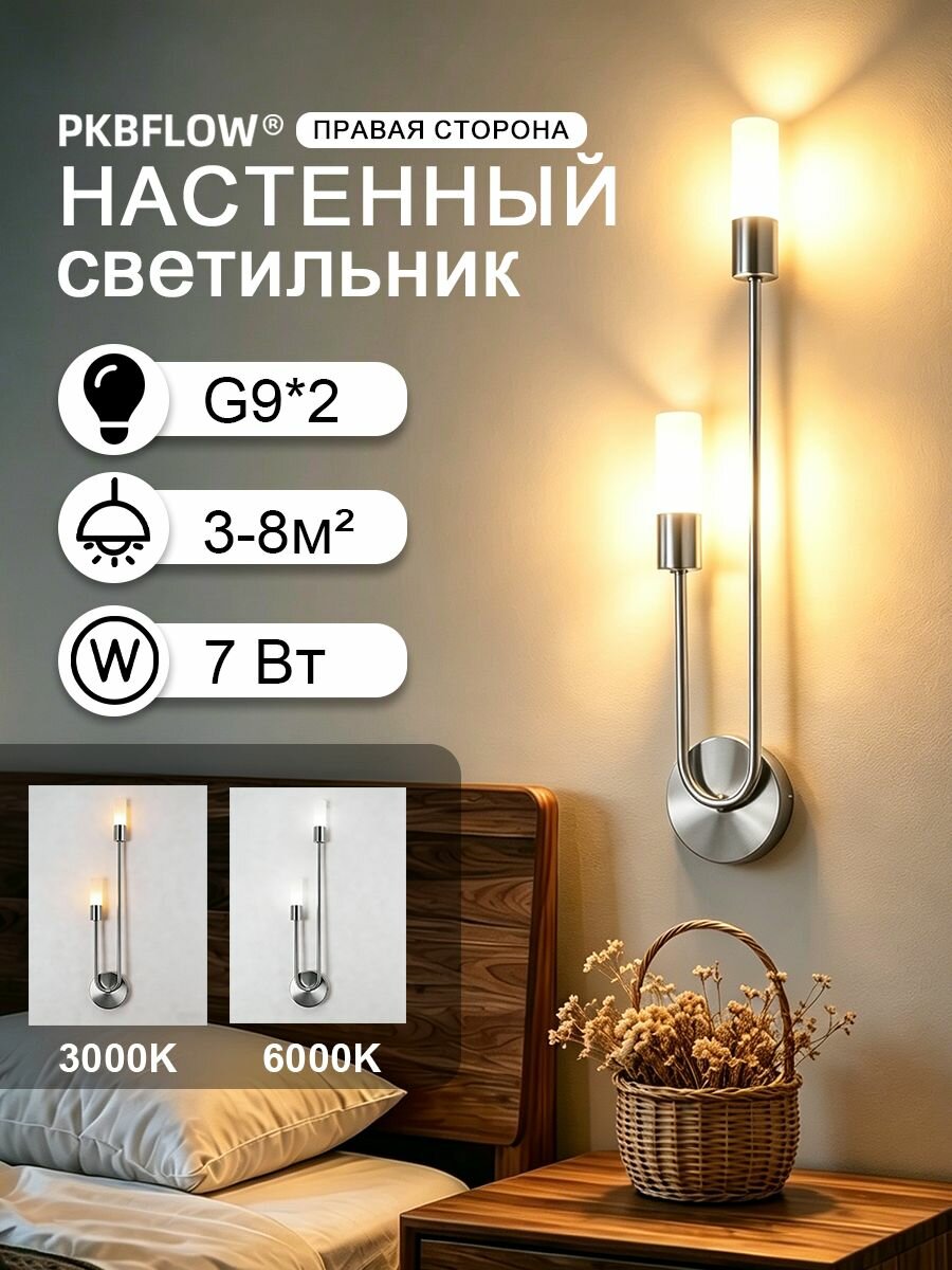 Бра в спальню настенный, серебряный, с левой стороны, G9, 7 Вт, два режима цветовой температуры (3000K и 6000K), для спальни, у кровати, гостиной настенный бра бра для спальни бра у кровати бра с G9