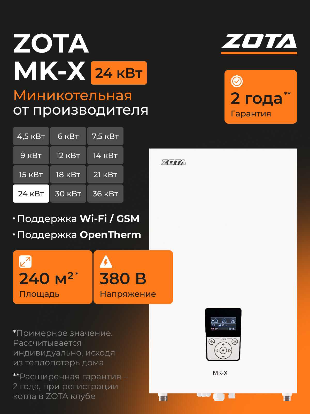 Котел электрический ZOTA MK-X 24кВт (240м2) / Одноконтурный настенный электрокотёл для отопления ZM3468426024