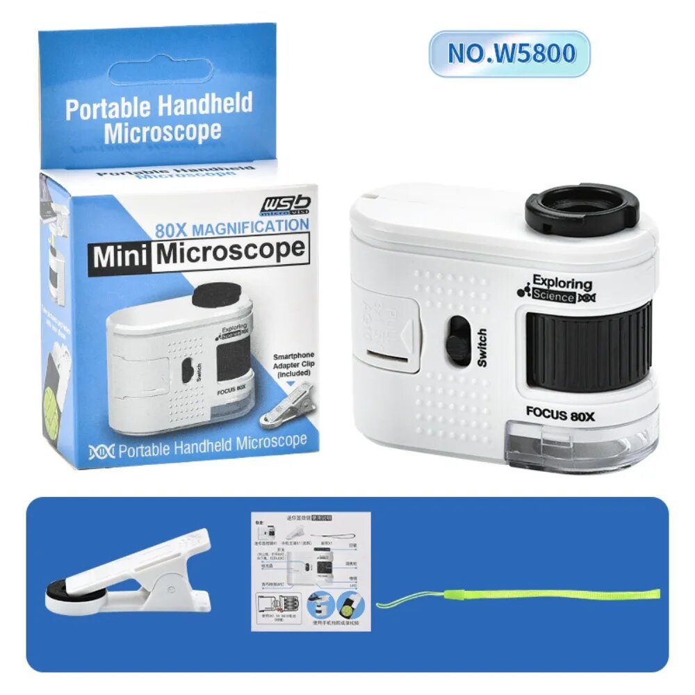 Мини микроскоп 80X белый с креплением для телефона