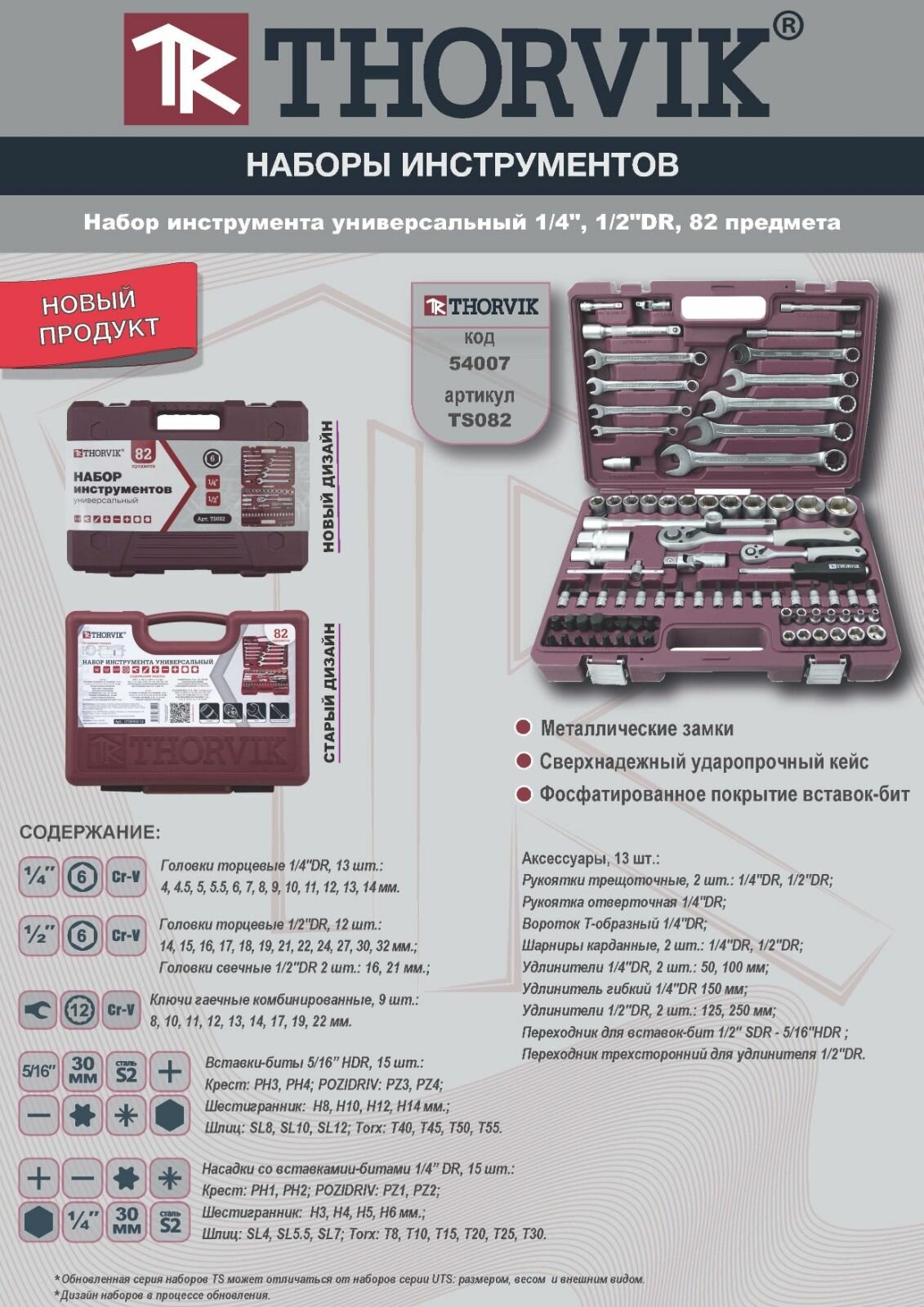 Универсальный набор инструментов для автомобиля и дома TS082 1/4", 1/2"DR, 82 предмета THORVIK