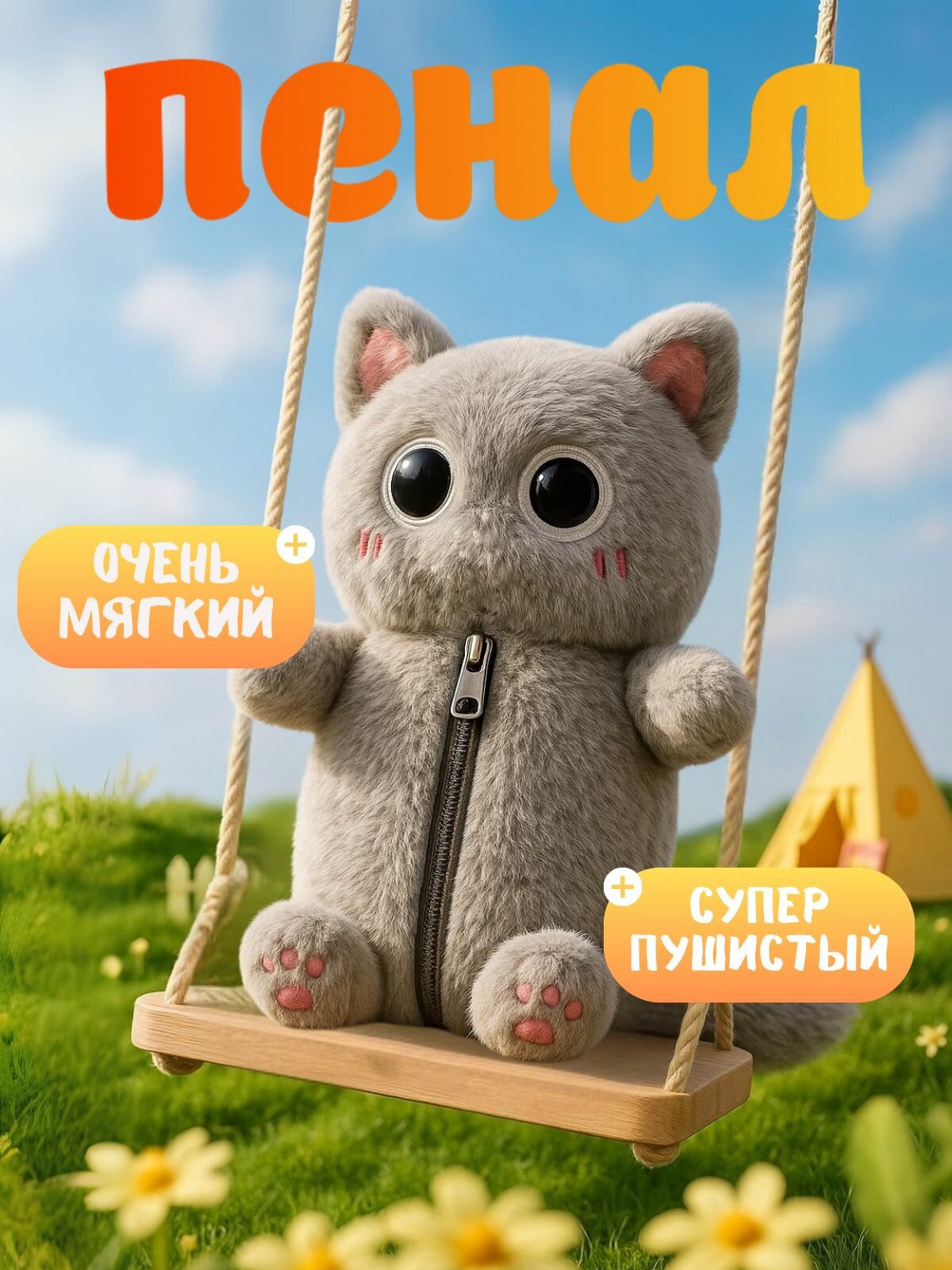 Пенал серый кот / школьный y2k эстетичный пушистый плюшевый кот
