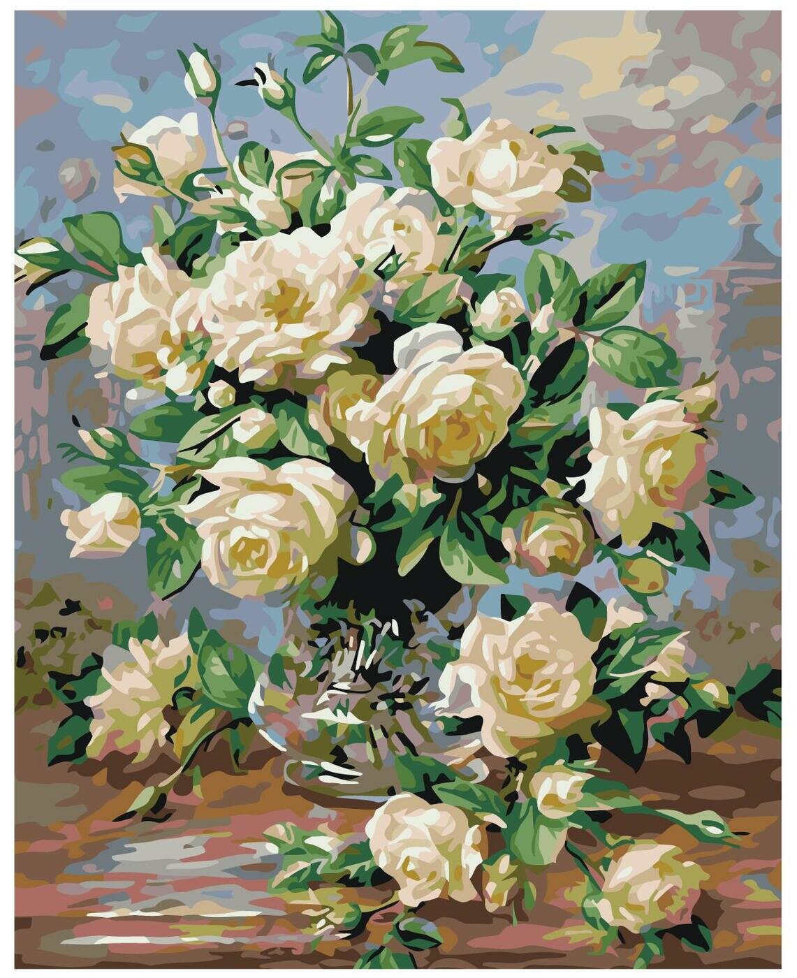 Картина по номерам, 40 x 50, KTMK-06181, букет, цветы, розы, бутон, ваза, натюрморт
