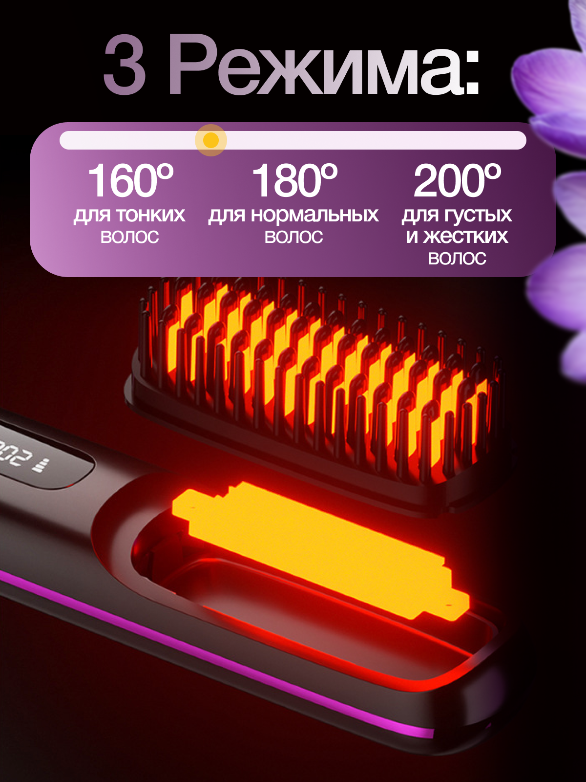 Беспроводная расческа-выпрямитель для волос, 3D-зубья, регулировка нагревания, портативный стайлер черный — фото 1