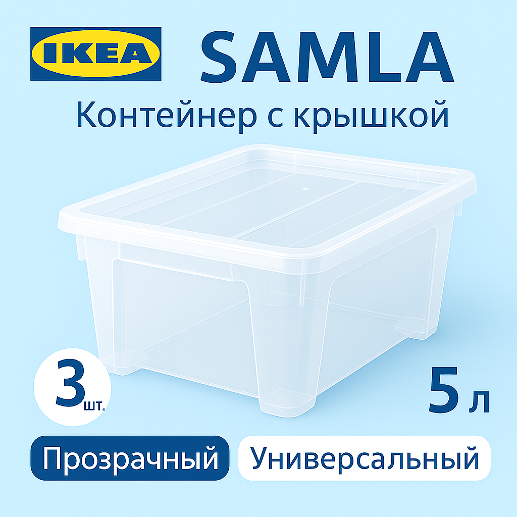 Контейнер с крышкой 5л, 28*19*14см, прозрачный. Икеа Самла, Ikea Samla 3 шт