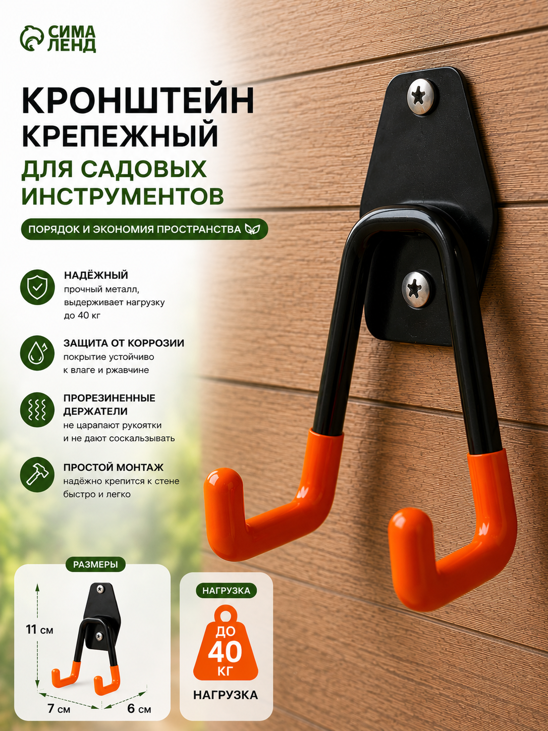 Кронштейн крепежный для садовых инструментов до 40 кг, 7х6,5х11 см