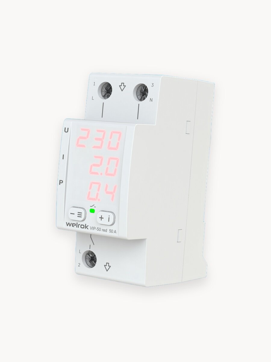 Реле напряжения с контролем тока Welrok VIP-50 красная индикация
