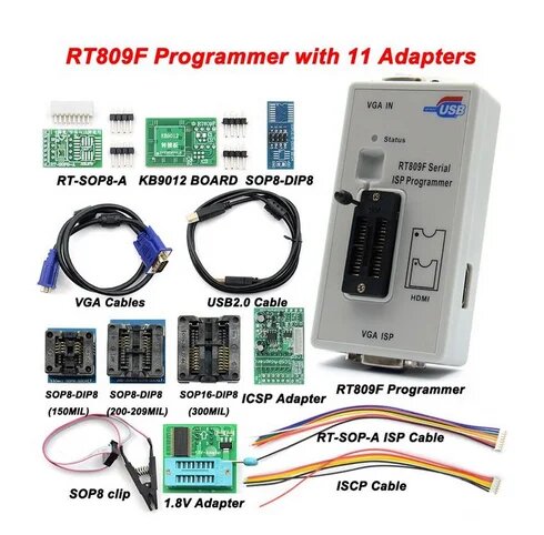 Новейший программатор RT809F (2026 г.) с 11 адаптерами + адаптер 1.8В + RT809F with 11adapte