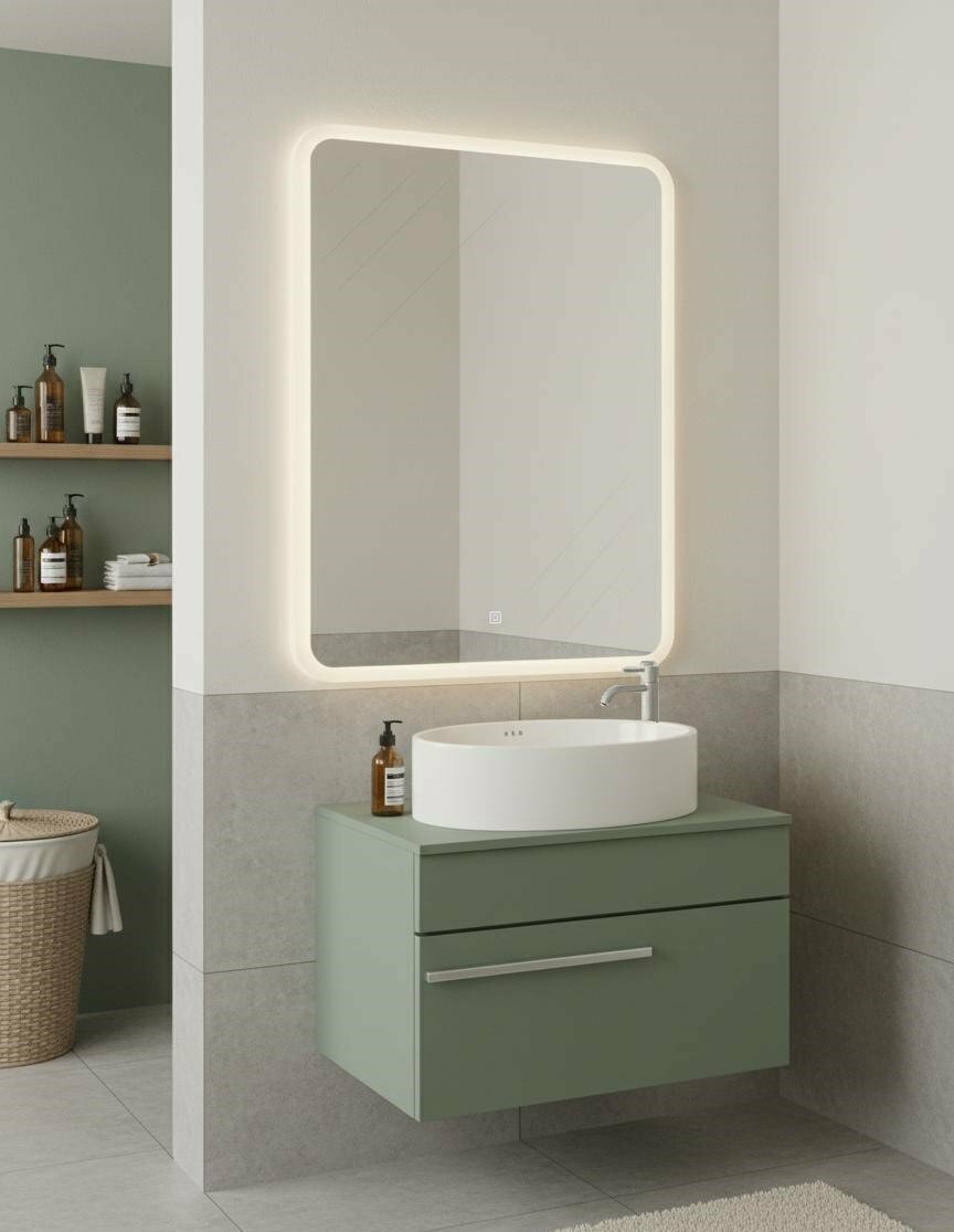 Мебель для ванной Вудлайн 65, оливковый, раковина Овал, зеркало Руан 60х80