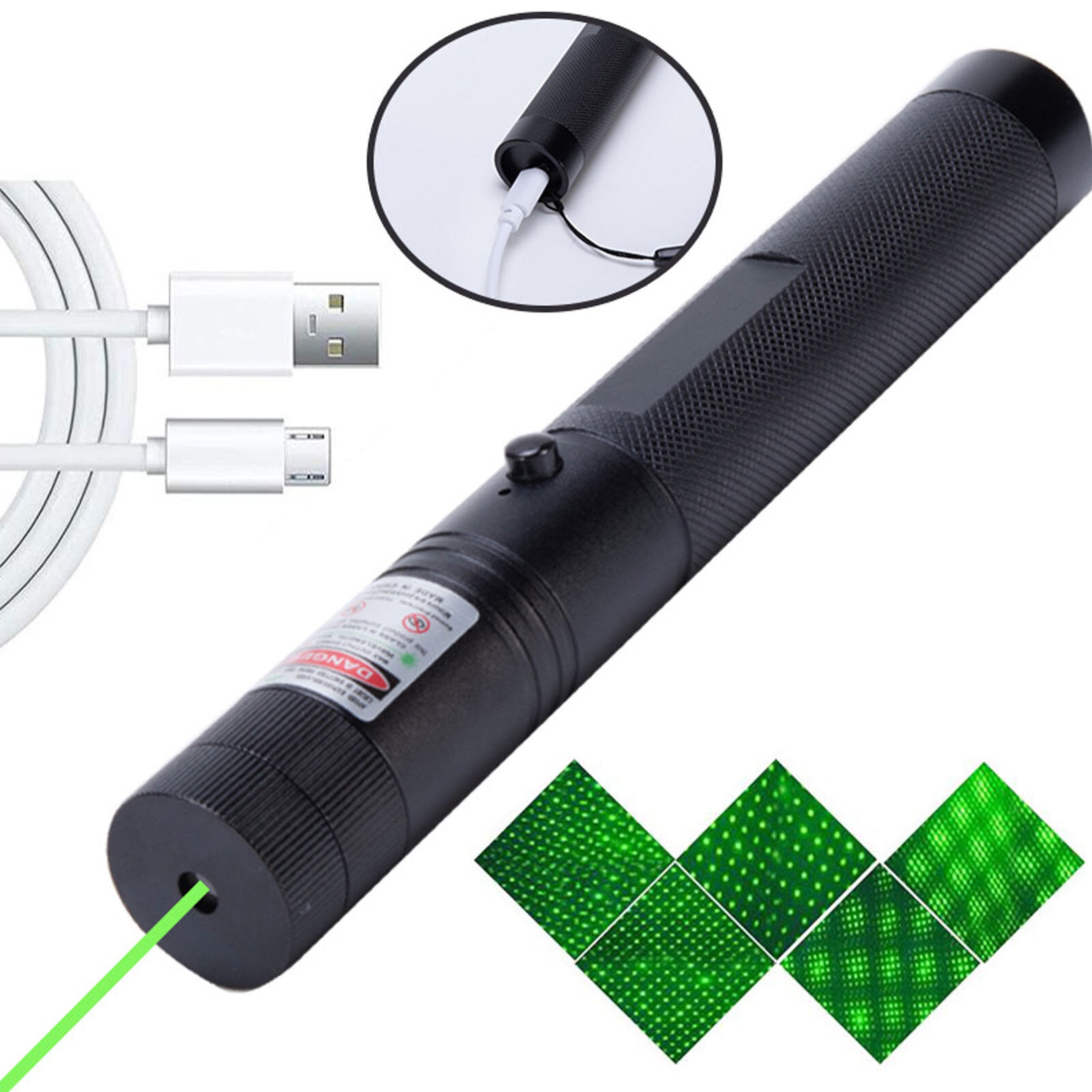 Лазерный указатель ручной с длинным диапазоном, высокой мощностью, USB зарядом, цвет зеленый, длина волны 532нм, стиль луча непрерывная линия, размер пятна <φ10мм на 6М, напряжение работы DC=3.0-3.7V, время разогрева <3 сек, температура эксплуатации