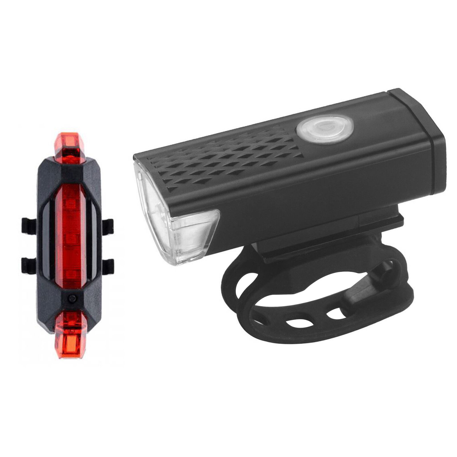 Комплект свечений для велосипеда с USB-зарядкой, LED, переднее и заднее, 3 режима освещения, встроенный аккумулятор 800mAh для переднего, 300mAh для заднего, IPX4, черный передний, красный задний, 245 люмен передний, 15 люмен задний, ABS, 1 переднее, 1